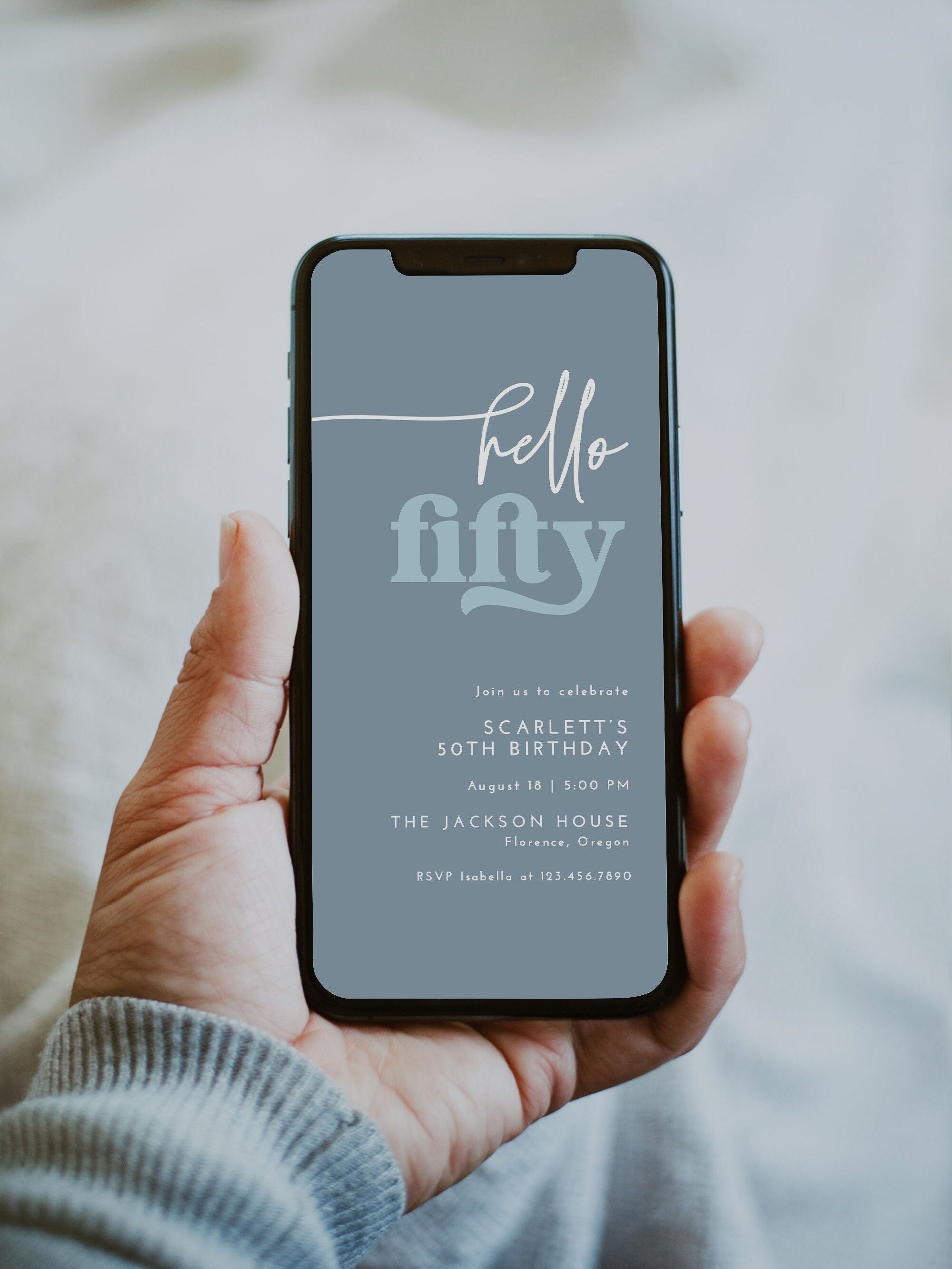 EDITABLE Hello 50 Birthday Dusty Blue Digital Invitation Template, Boho ...