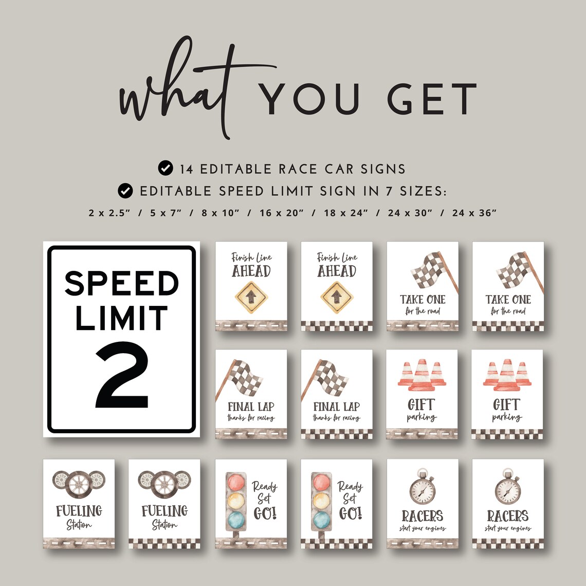 Race Car Party Signs, Editable Speed Limit Sign, Printable Vintage ...