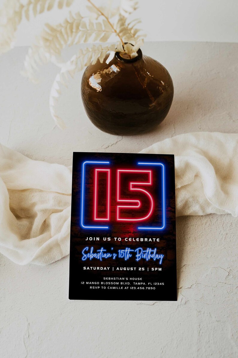 Blue Neon 15th Birthday Theme Invitation for Boy, Red Neon Theme Boy ...