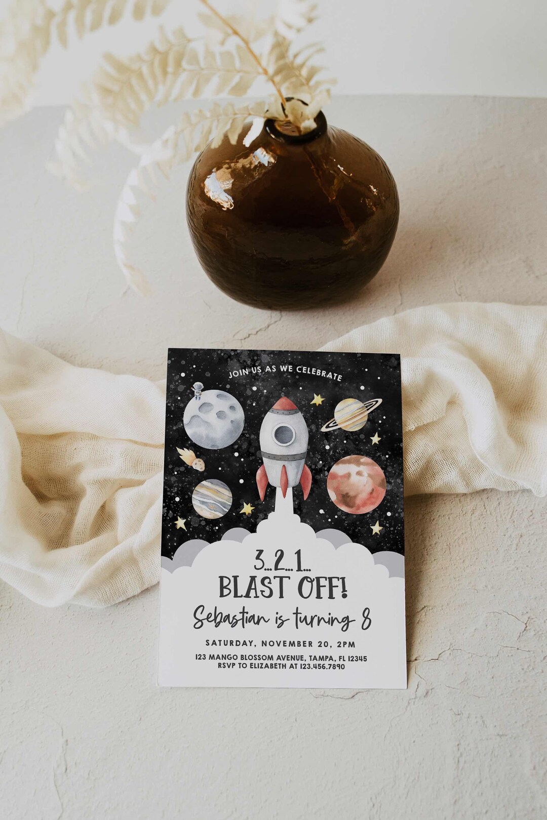 Invitación de cumpleaños de la fiesta del espacio exterior EDITABLE ...