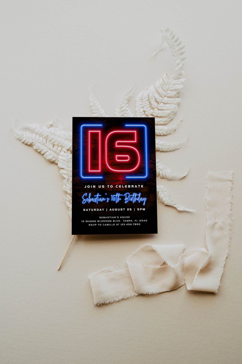 EDITABLE Blue Neon Light 16th Birthday Invitation for Teen Custom Neon ...