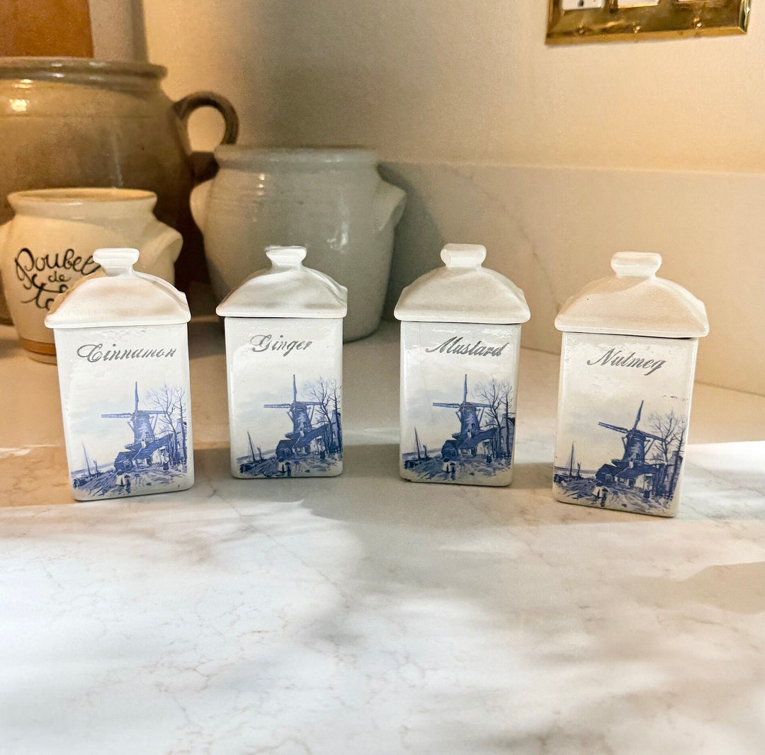 Vintage Hull Pottery Delft Blue Spice Canister: Holland Windmill Design ...