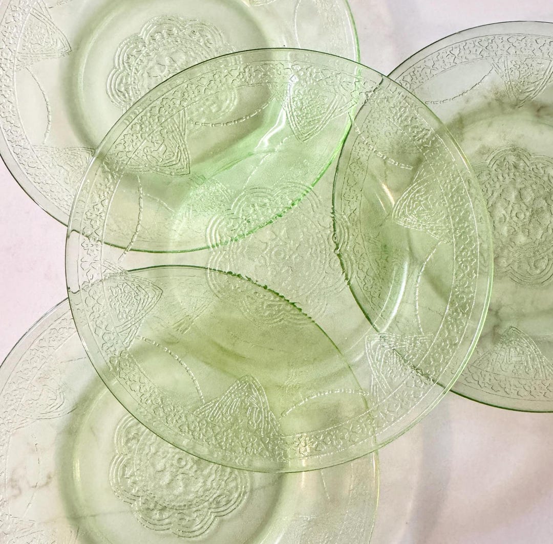 Green Depression Glass Anchor Hocking Cameo Dishes. Set of 4 Bread and ...