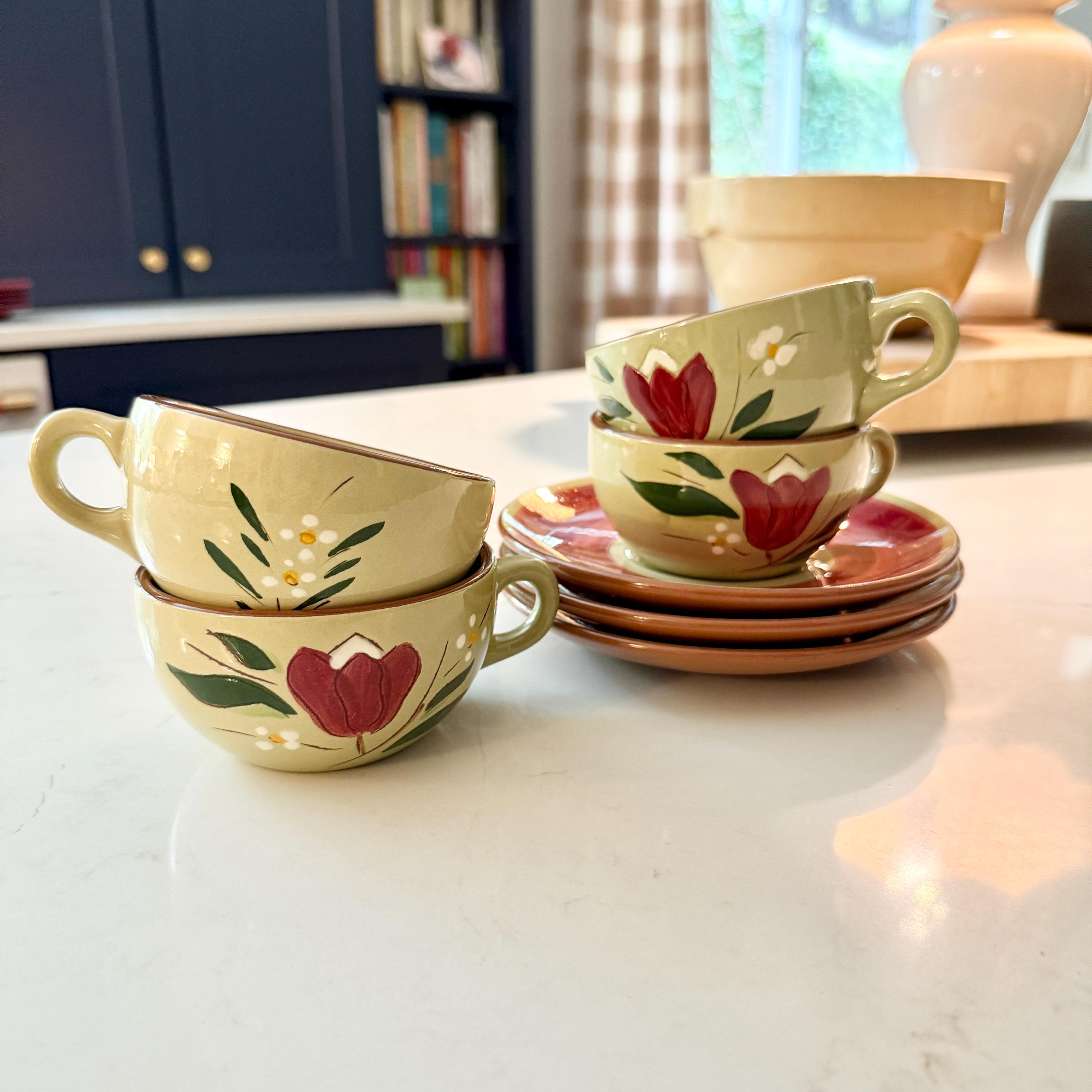 Vintage Stangl Pottery Magnolia Cups & Saucers – Hand-painted Flat Cups ...
