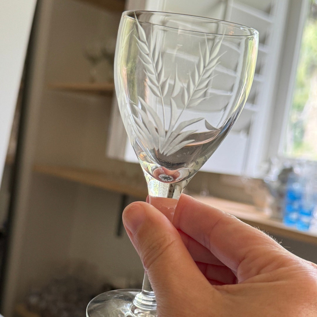 Etched Wheat Wine or Sherry Glasses. Set of 4. Vintage Stemware ...
