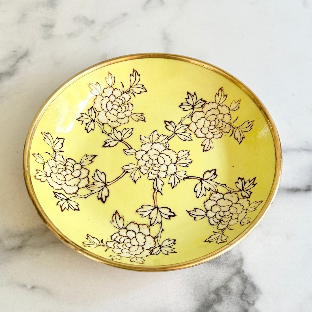 Japanese Porcelain Ware Brass and Porcelain Dish. Yellow Floral ...
