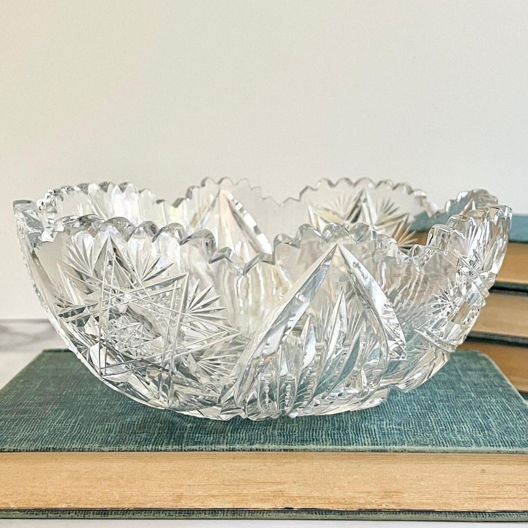 Vintage Sawtooth Cut Crystal Bowl – Round Scalloped Star Pattern Dish ...
