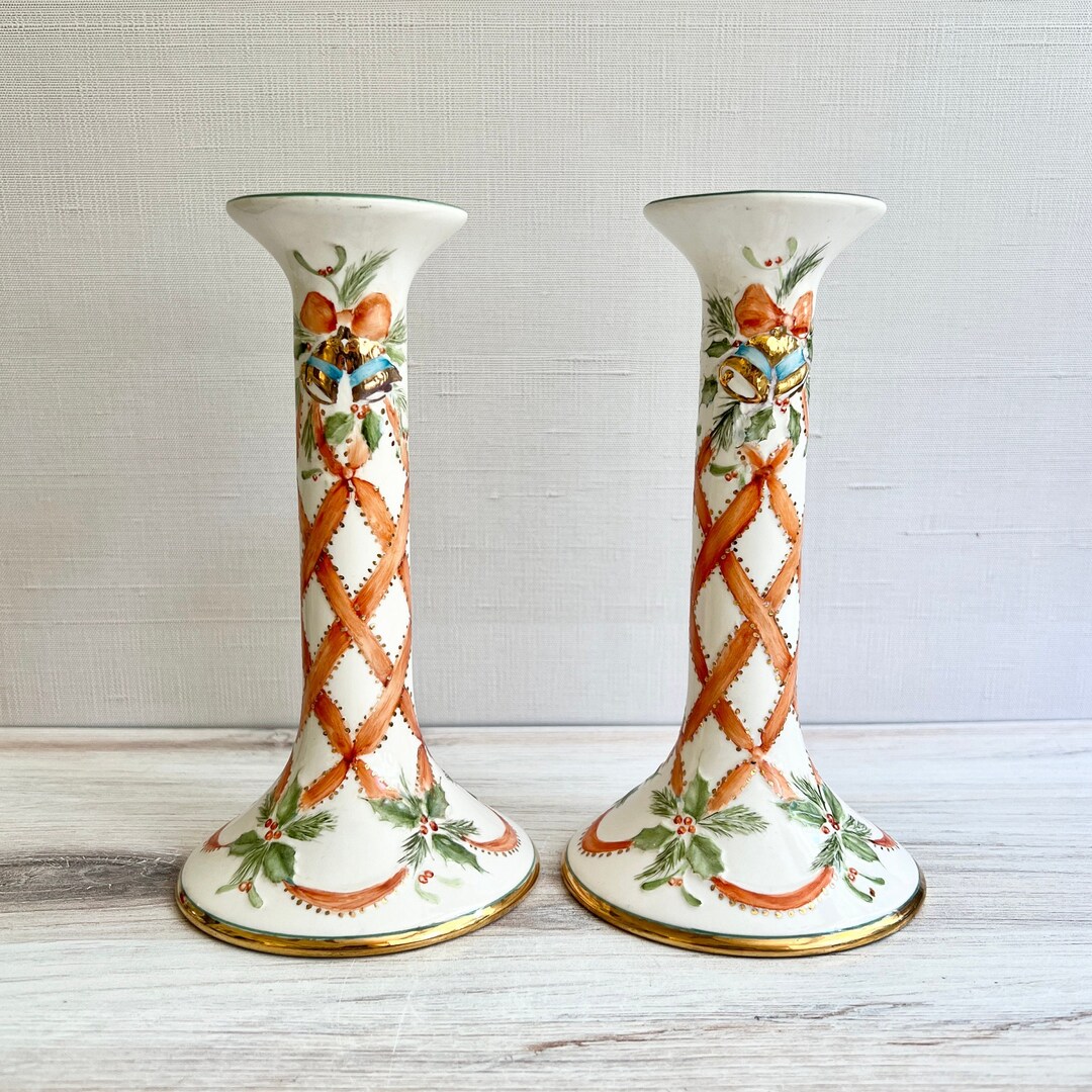 Mikasa Holiday Candlesticks. Hand Painted Fine China. Vintage Holiday ...