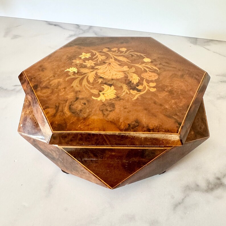 Cuendet Music Box: Handmade Swiss Floral Inlay Hexagon Jewelry Box - Etsy