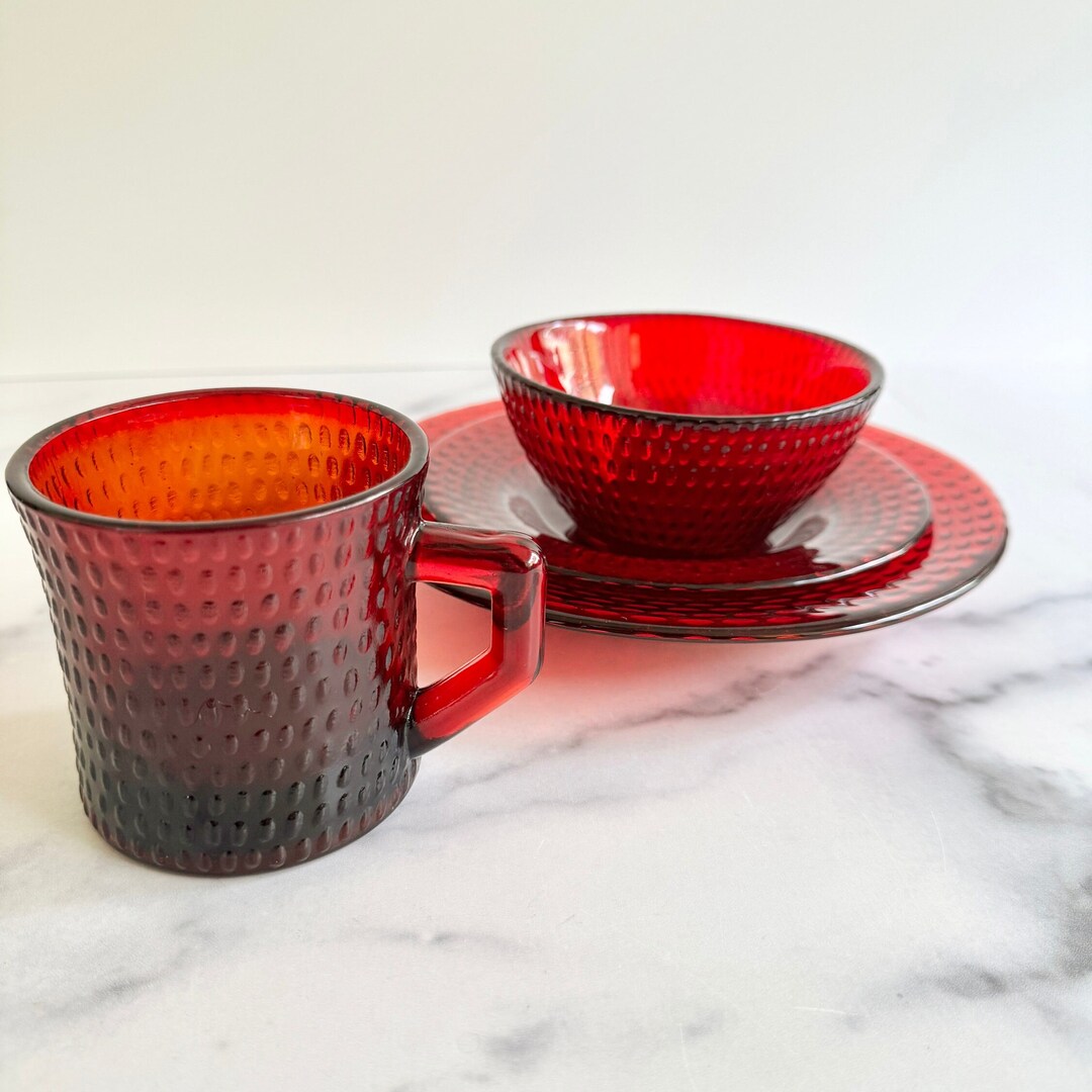 Ruby Red Hobnail Amberina Glass Dishes and Mugs. Red Textured Glass ...