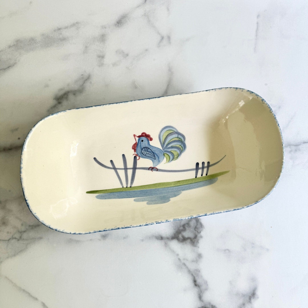 Los Angeles Potteries Stipple Rooster Blue Speckled Rectangle Serving ...