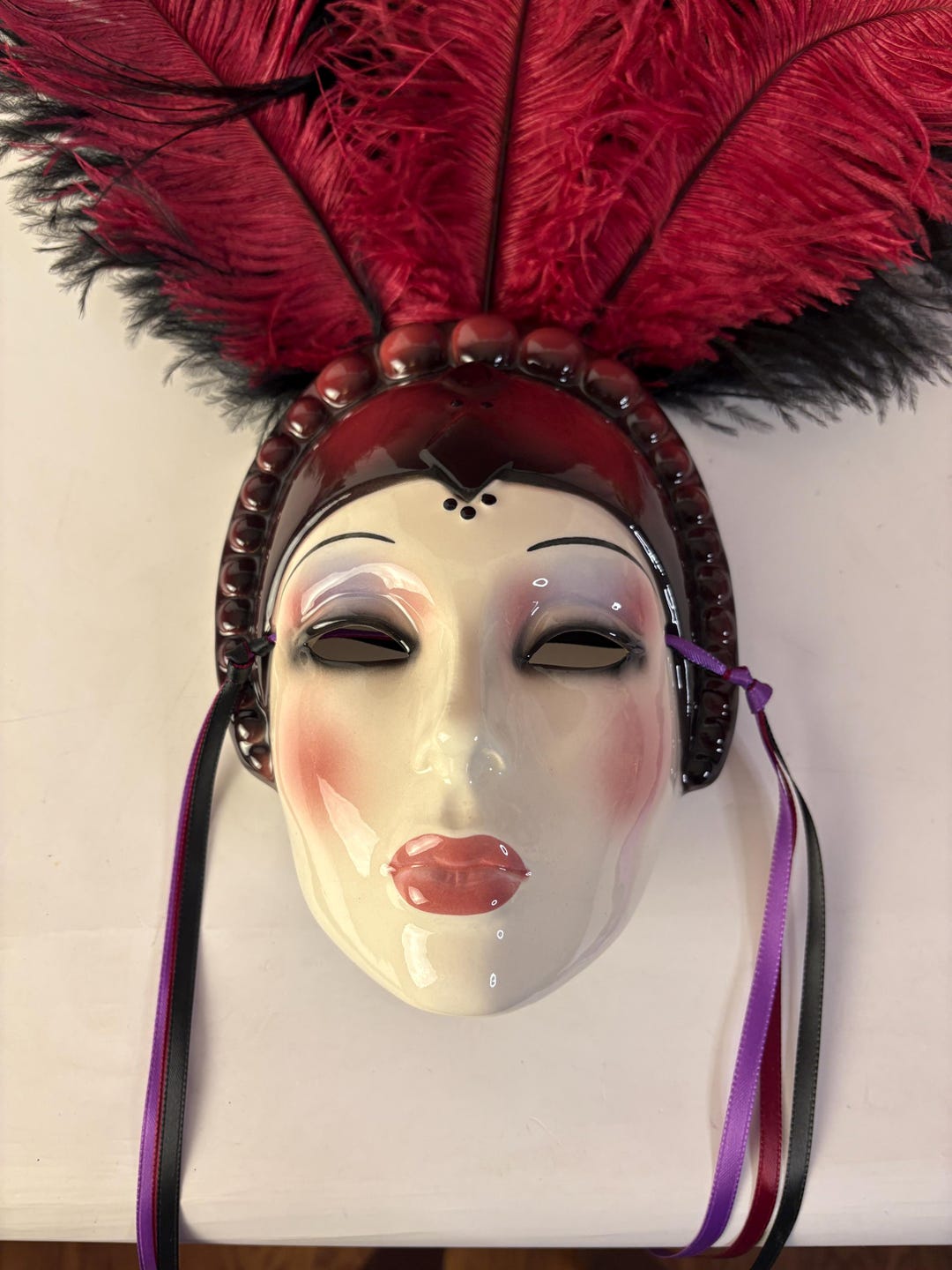 Vintage Ceramic Mask Wall Decor Fancy Lady With Red and Black Feathered ...