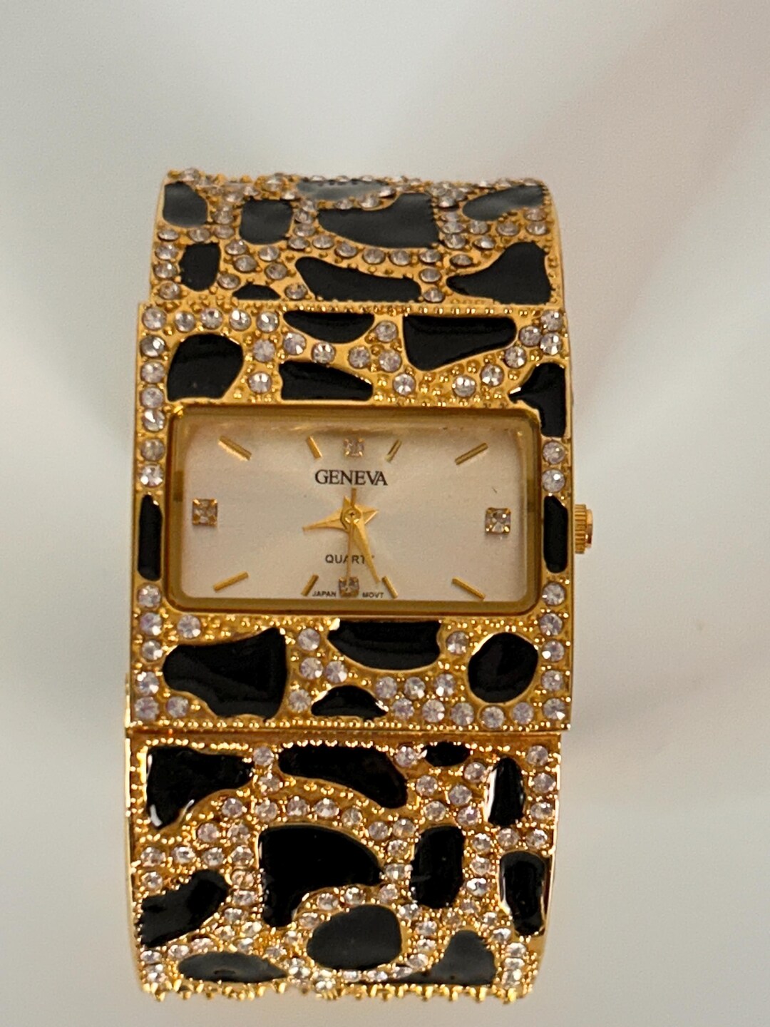 Vintage Geneva Gold-tone Animal Print Rhinestone Cuff Watch Tortoise ...