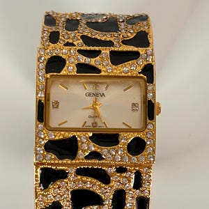 Vintage Geneva Gold-tone Animal Print Rhinestone Cuff Watch Tortoise ...