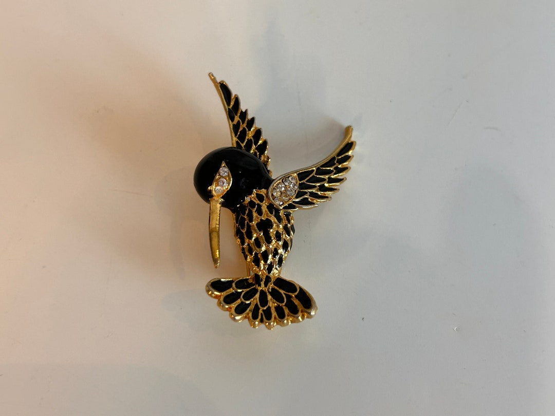 Vintage Enamel Hummingbird Brooch Pin Goldtone and Black With ...