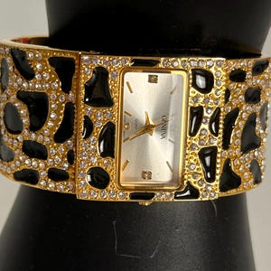 Vintage Geneva Gold-tone Animal Print Rhinestone Cuff Watch Tortoise ...