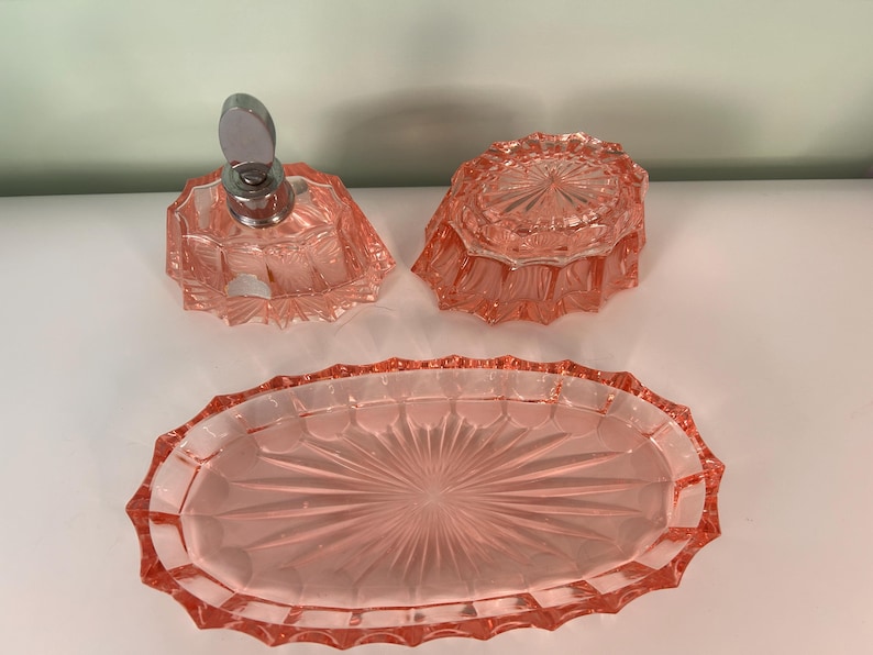 Vintage Echt Kristall Pink Glass Vanity Set, Perfume Bottle, Powder Jar ...