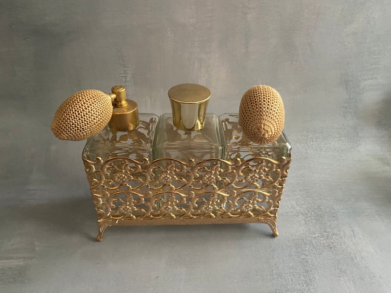 Vintage Gold-toned Perfume Bottle Vanity Set Hollywood Regency Ormolu ...