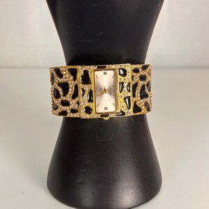 Vintage Geneva Gold-tone Animal Print Rhinestone Cuff Watch Tortoise ...