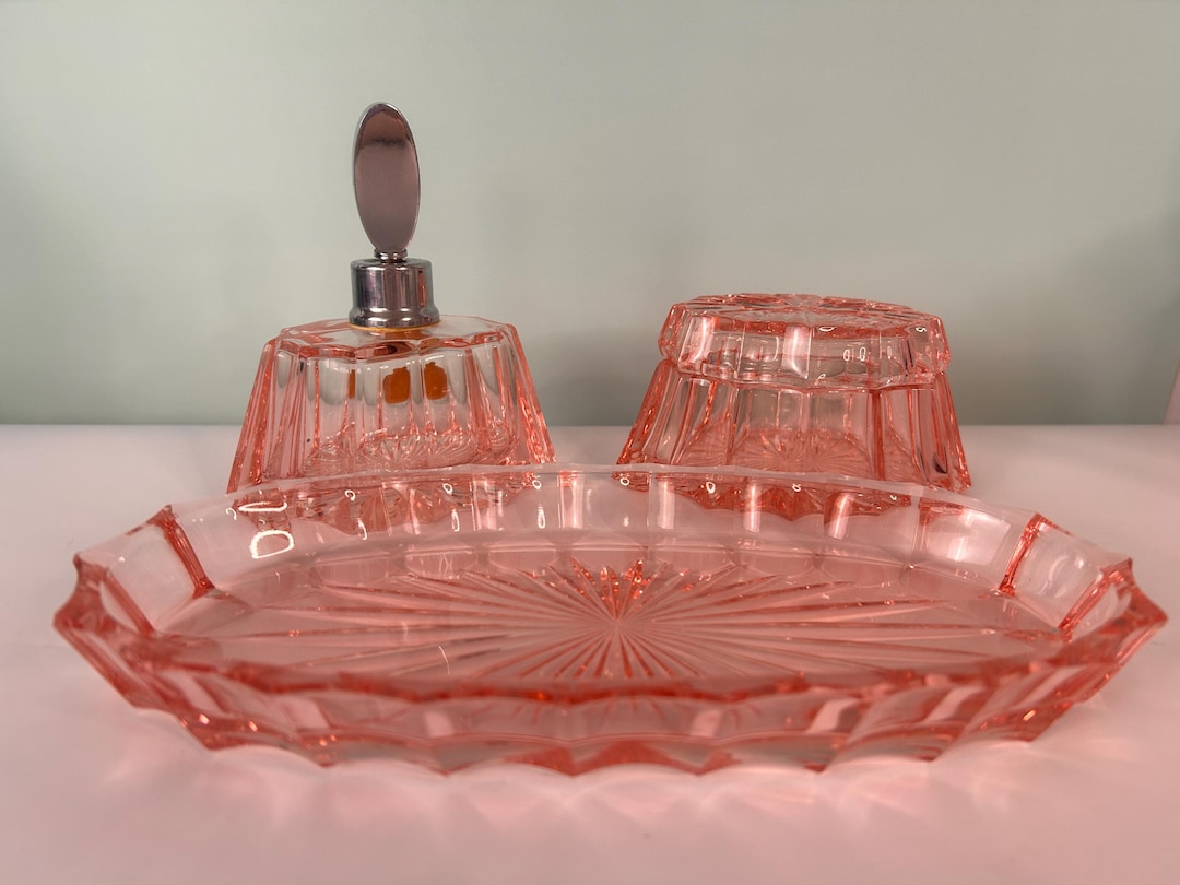 Vintage Echt Kristall Pink Glass Vanity Set, Perfume Bottle, Powder Jar ...
