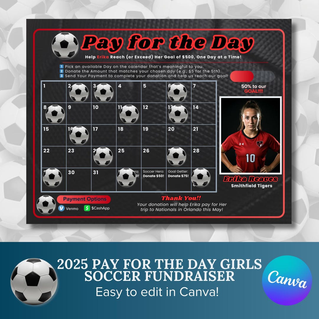 Girls Soccer Pay-for-the-day Calendar: Team Fundraising (canva Digital ...