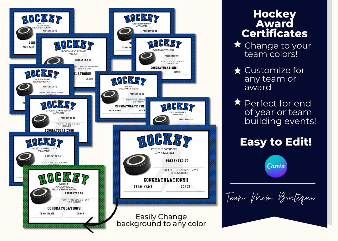 Hockey Award Certificate Hockey Printables Hockeytemplates - Etsy
