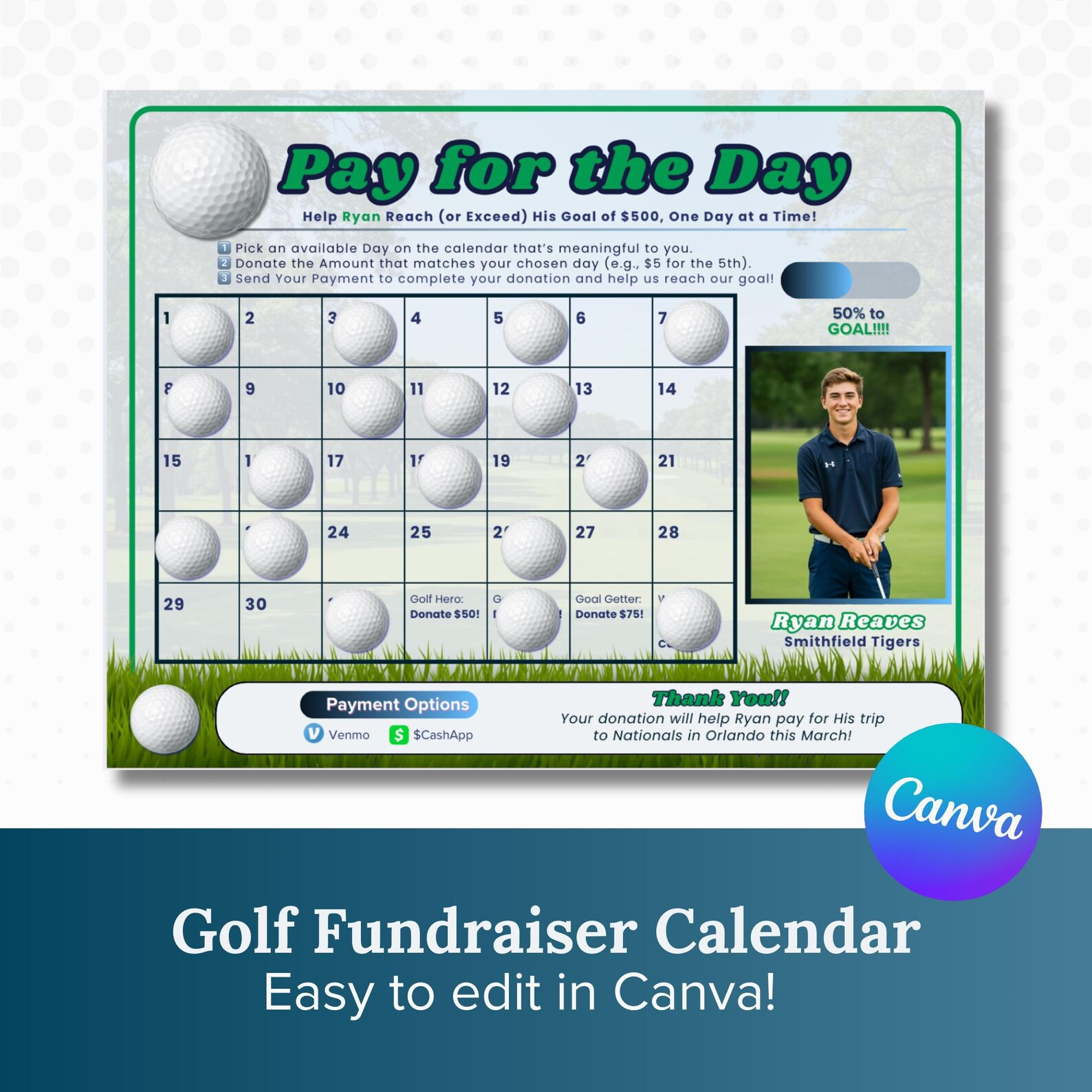 Editable Golf Pay for the Day Calendar Template - Youth Golf Fundraiser ...