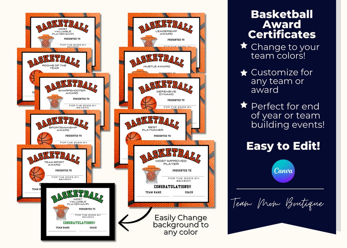 Basketball Award Certificate: Customizable Team Printable (digital ...