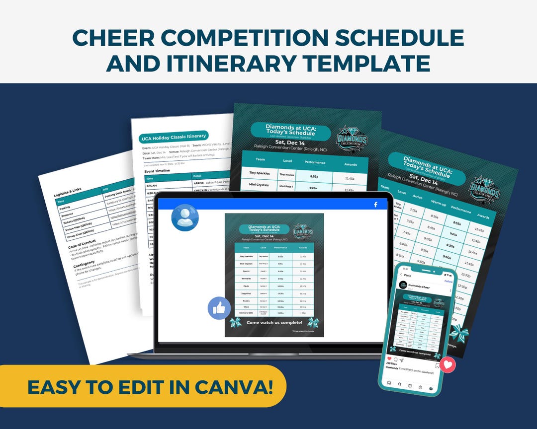 Cheer Competition Schedule | Canva Gym Poster + Social Times + Parent ...