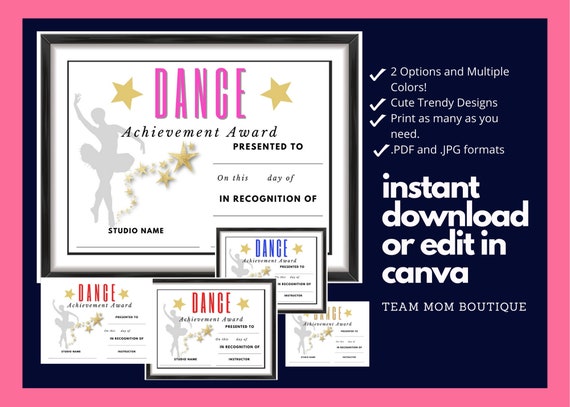 Dance Award Certificate End of Year Dance Award Dance - Etsy