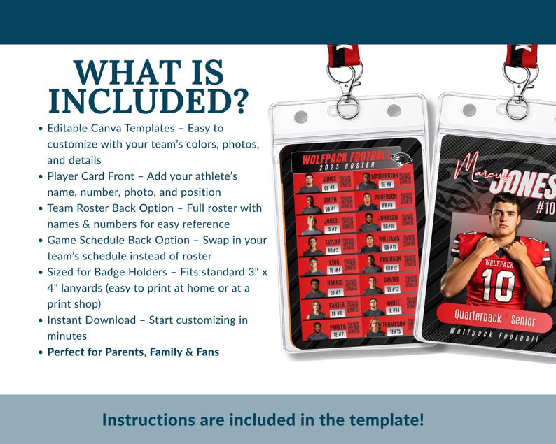 Football Roster Card Template • Game Day Lanyard, Editable Canva Player ...