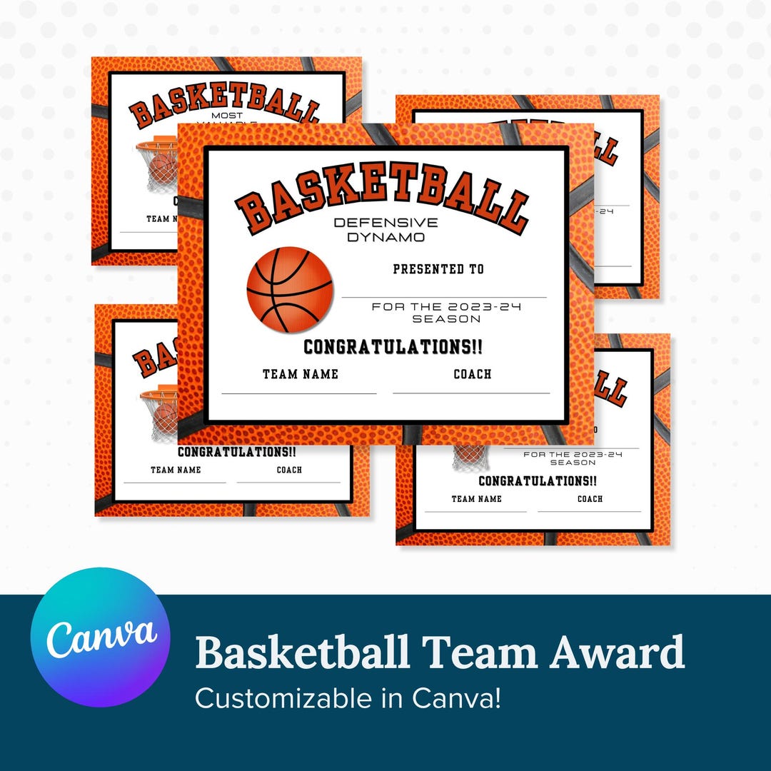 Basketball Award Certificate: Customizable Team Printable (digital ...