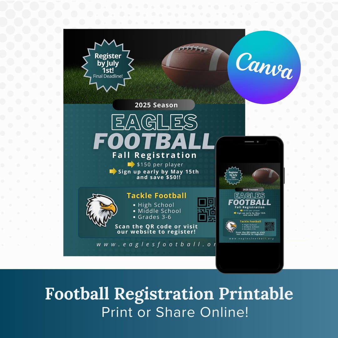 Editable Football Registration Flyer Template: Youth Sports Canva ...