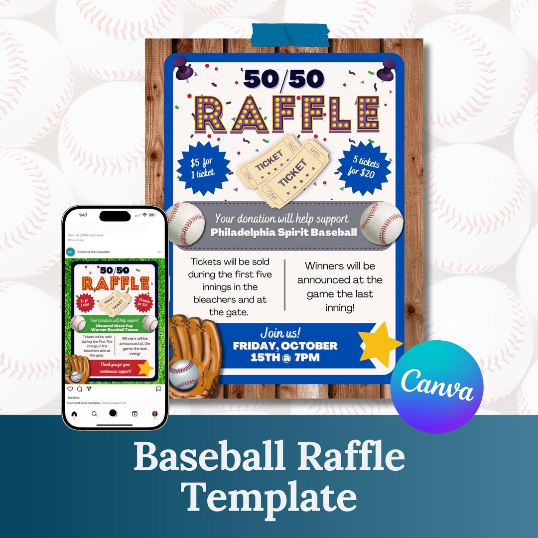 Baseball 50/50 Raffle Flyer Template | Game Day Fundraiser Editable ...