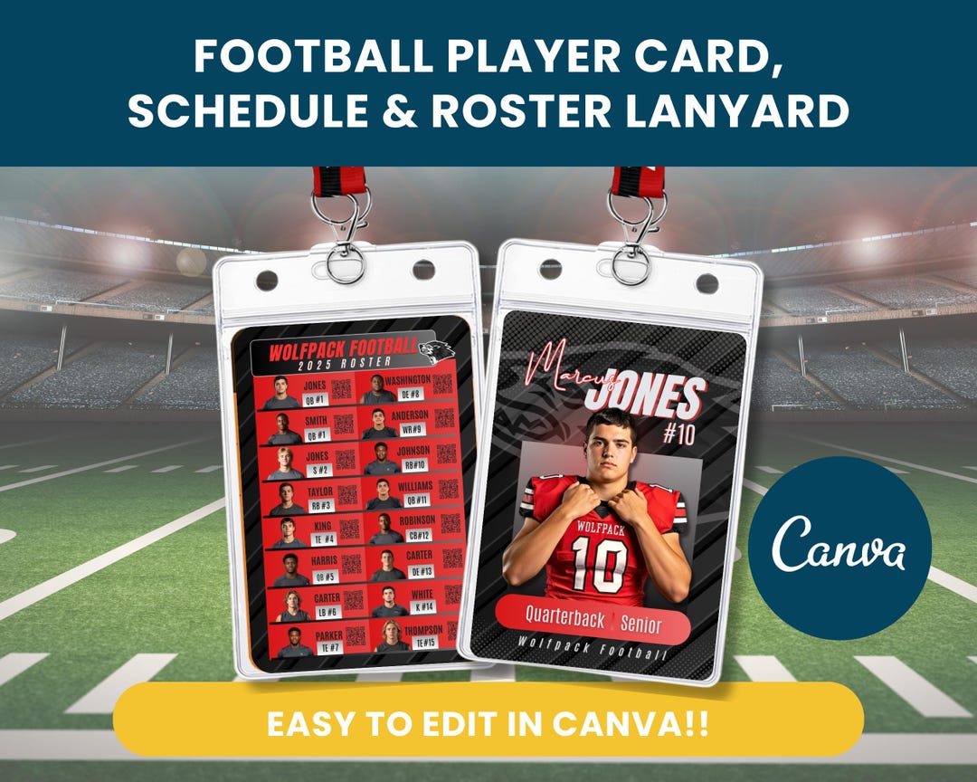Football Roster Card Template • Game Day Lanyard, Editable Canva Player ...