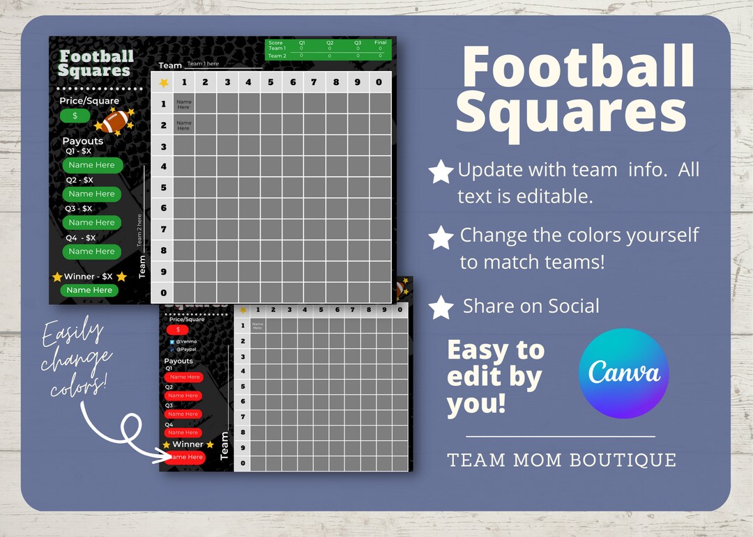 Football Squares Printablefootball Fundraiser Super Bowl Etsy
