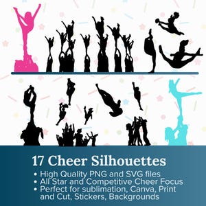 Cheerleading SVG & PNG Clipart Bundle 17 Silhouettes for Stickers ...