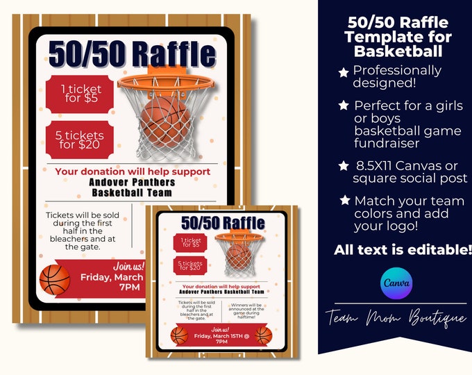 Basketball RAFFLE Fundraiser Editable Template for PTO and PTA. Flyer ...