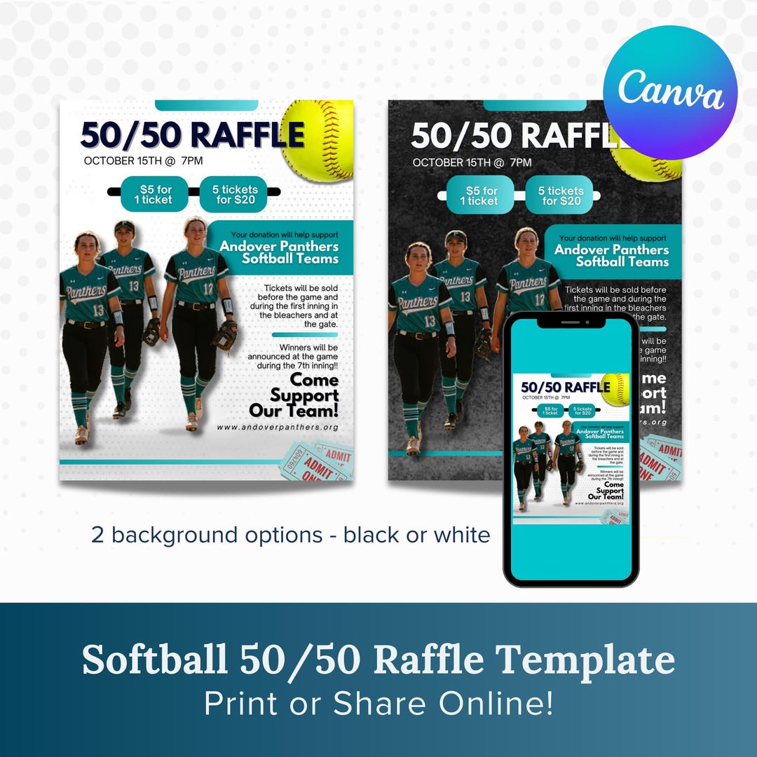 Editable 50/50 Raffle Flyer Canva Template | Softball Fundraiser ...