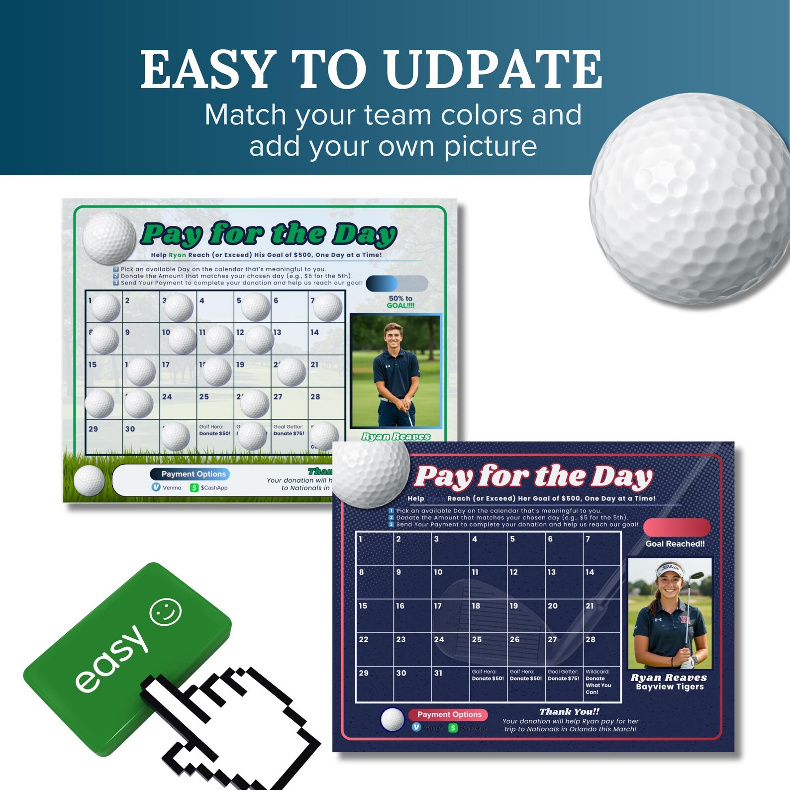 Editable Golf Pay for the Day Calendar Template - Youth Golf Fundraiser ...