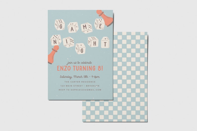 Game Night Birthday Party Invitation, Board Game Party, Chess, Checkers ...