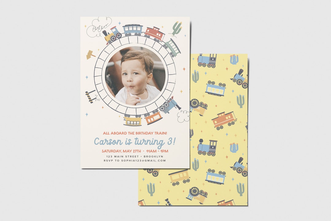 Choo Choo Train Photo Invitation, All Aboard, 1st Birthday, Modern ...