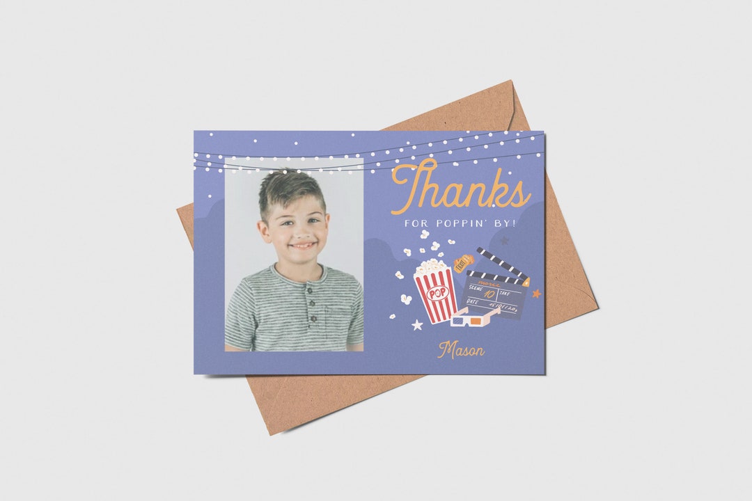 Backyard Movie Night Party Thank You Card With Photo, Popcorn, Movie ...