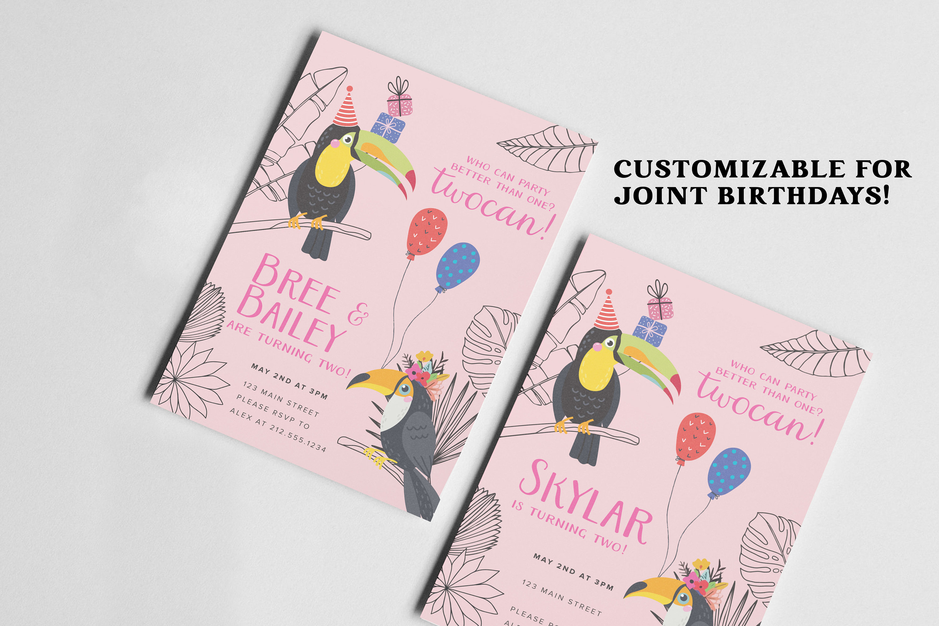 Toucan Joint Birthday Party Invitation, 2nd Birthday, Twocan, Tropical ...