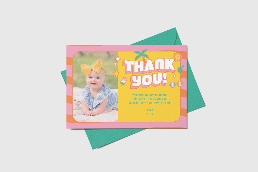 Summer Vibes Birthday Thank You Card With Photo, Summer Celebration ...