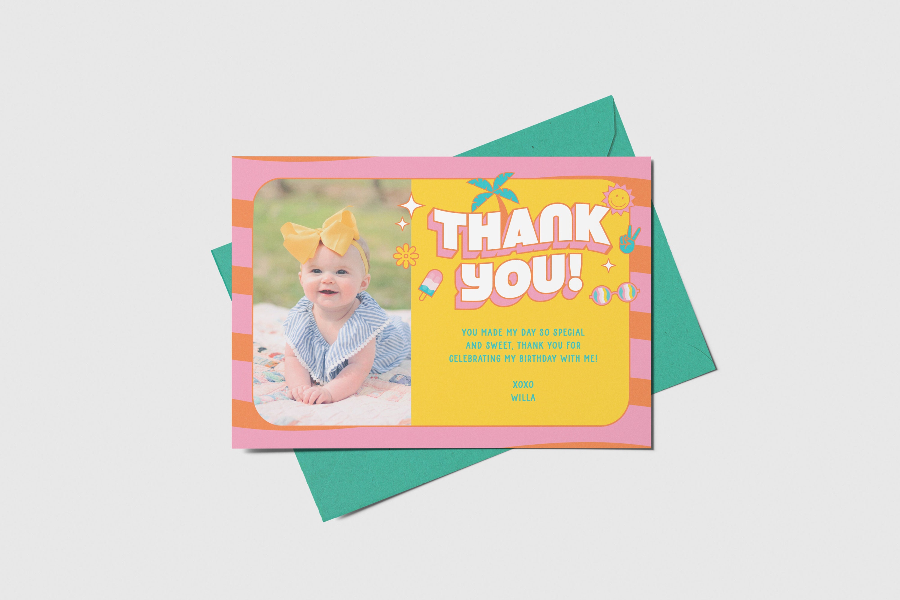 Summer Vibes Birthday Thank You Card With Photo, Summer Celebration ...