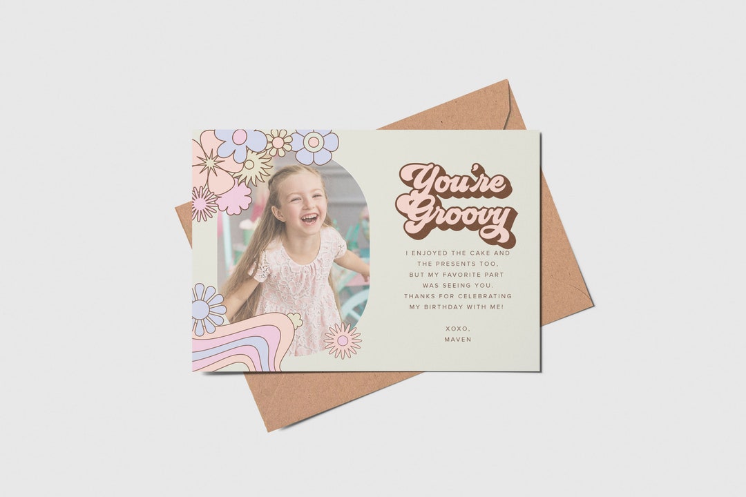 Two Groovy Birthday Thank You Card With Photo, 2nd Birthday, Printable ...