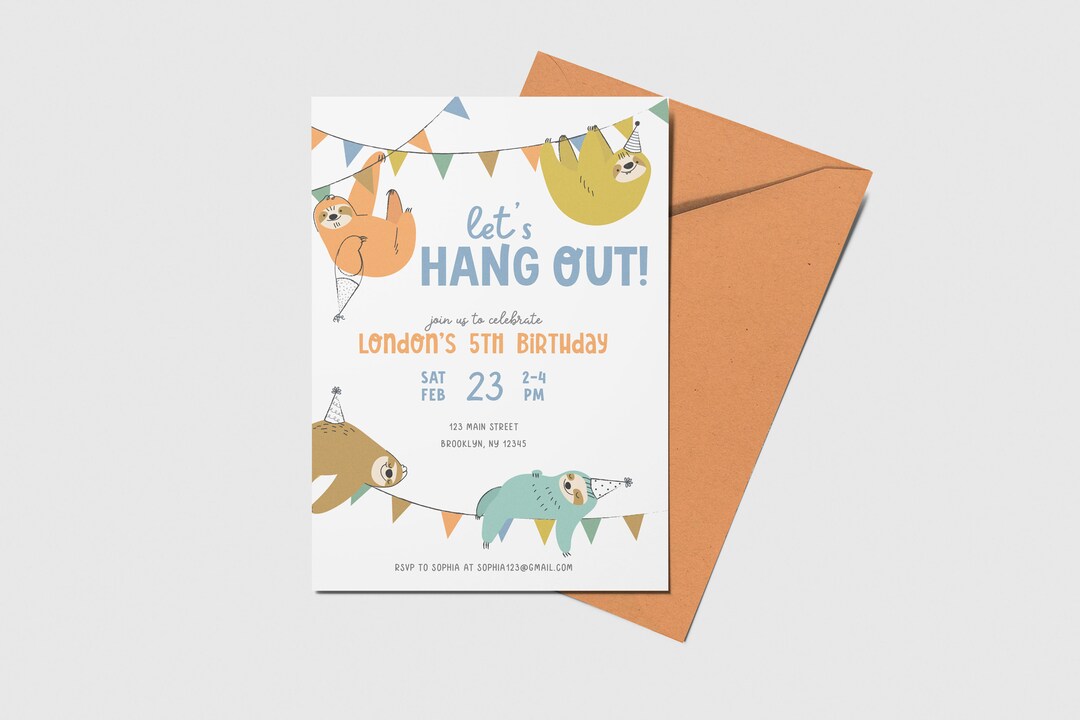 Sloth Birthday Invitation: Let's Hang Out Theme (printable, Editable ...