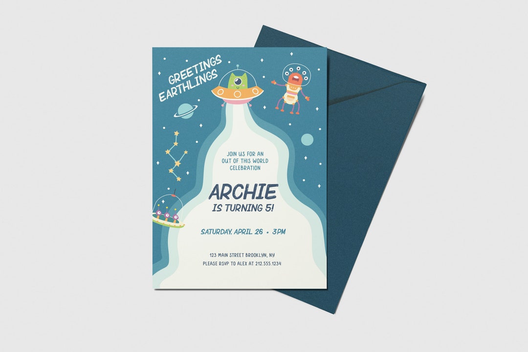 Aliens Birthday Party Invitation, Greetings Earthlings, Outer Space ...