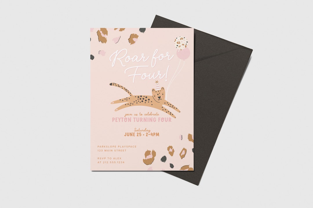 Cheetah Birthday Party Invite, Roar I'm Four, Jungle Animals, Two Wild ...
